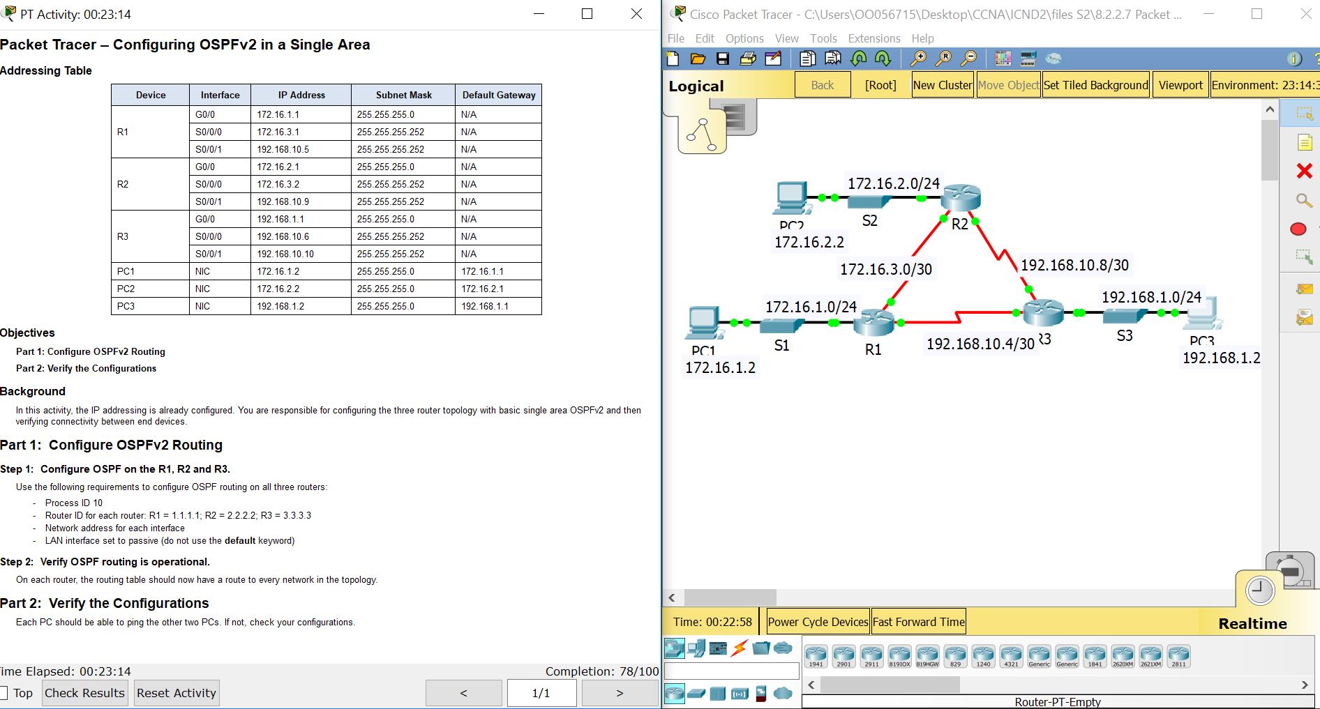 8.2.2.7 Packet Tracer - Configuring OSPFv2 in a Single Area - CCDTT